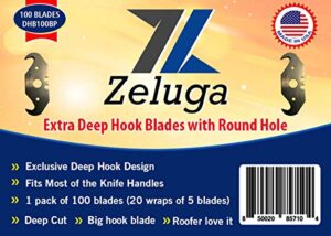 zeluga dhb100bp 100 pieces utility deep hook blades with round hole carbon steel hook razor blades knife blades for roofing and carpet