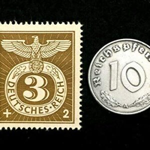 DE 1943 Old WWII German War Ten Rp Coin & RAREST 3pf Brown Stamp World War 2 Artifacts Superb Gem Uncirculated Stamp