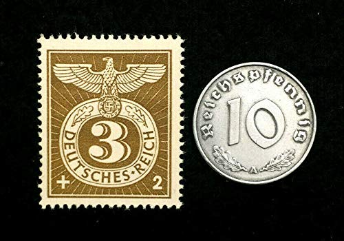 DE 1943 Old WWII German War Ten Rp Coin & RAREST 3pf Brown Stamp World War 2 Artifacts Superb Gem Uncirculated Stamp