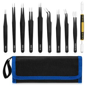 10 pcs precision tweezers set, premium craft tweezers kit, stainless steel electronic esd tweezers, anti-static industrial soldering tweezers, with tweezer storage bag