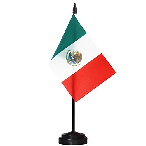 Anley Mexico Deluxe Desk Flag Set - 6 x 4 Inch Miniature Mexican Desktop Flag with 12" Solid Pole - Vivid Color and Fade Resistant - Black Base and Spear Top