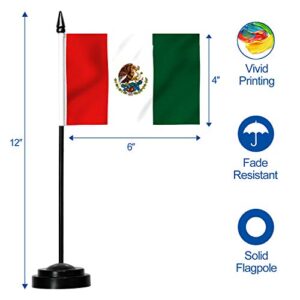 Anley Mexico Deluxe Desk Flag Set - 6 x 4 Inch Miniature Mexican Desktop Flag with 12" Solid Pole - Vivid Color and Fade Resistant - Black Base and Spear Top