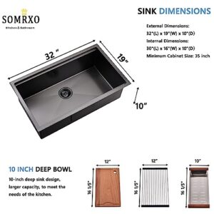 SOMRXO 32 Inch Black Undermount Workstation Kitchen Sink 32×19 Kitchen Sink Undermount 16 Gauge Gunmetal Black Stainless Steel Kitchen Sink 10 Inch Deep Single Bowl Kitchen Sinks With Accessories