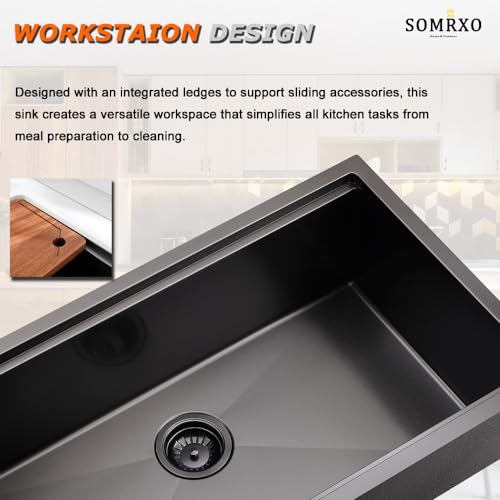 SOMRXO 32 Inch Black Undermount Workstation Kitchen Sink 32×19 Kitchen Sink Undermount 16 Gauge Gunmetal Black Stainless Steel Kitchen Sink 10 Inch Deep Single Bowl Kitchen Sinks With Accessories