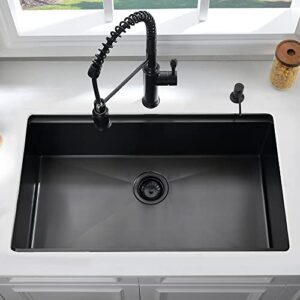 SOMRXO 32 Inch Black Undermount Workstation Kitchen Sink 32×19 Kitchen Sink Undermount 16 Gauge Gunmetal Black Stainless Steel Kitchen Sink 10 Inch Deep Single Bowl Kitchen Sinks With Accessories