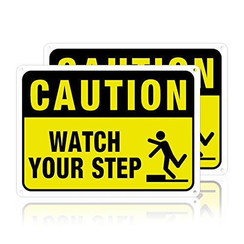 GLOBLELAND 2 Pack Watch Your Step Caution Sign, 7x10 inches 30 Mil Aluminum Security Warning Signs for Stairs or Platforms, UV Protected and Waterproof