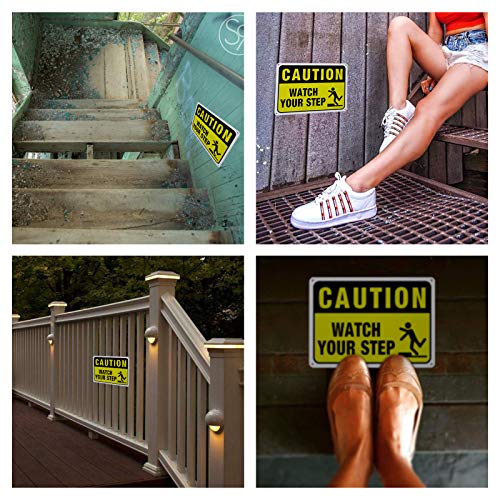 GLOBLELAND 2 Pack Watch Your Step Caution Sign, 7x10 inches 30 Mil Aluminum Security Warning Signs for Stairs or Platforms, UV Protected and Waterproof