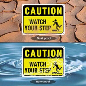 GLOBLELAND 2 Pack Watch Your Step Caution Sign, 7x10 inches 30 Mil Aluminum Security Warning Signs for Stairs or Platforms, UV Protected and Waterproof