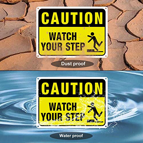 GLOBLELAND 2 Pack Watch Your Step Caution Sign, 7x10 inches 30 Mil Aluminum Security Warning Signs for Stairs or Platforms, UV Protected and Waterproof