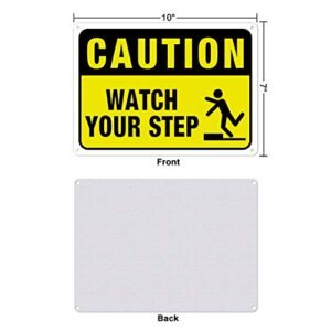 GLOBLELAND 2 Pack Watch Your Step Caution Sign, 7x10 inches 30 Mil Aluminum Security Warning Signs for Stairs or Platforms, UV Protected and Waterproof