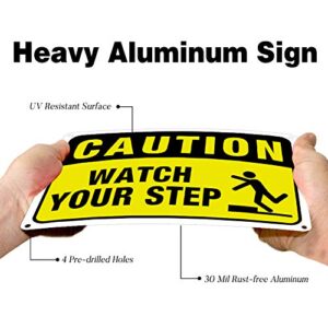 GLOBLELAND 2 Pack Watch Your Step Caution Sign, 7x10 inches 30 Mil Aluminum Security Warning Signs for Stairs or Platforms, UV Protected and Waterproof