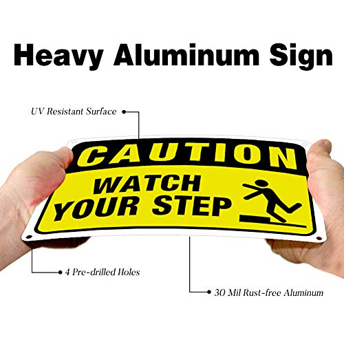 GLOBLELAND 2 Pack Watch Your Step Caution Sign, 7x10 inches 30 Mil Aluminum Security Warning Signs for Stairs or Platforms, UV Protected and Waterproof