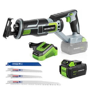 workpro cordless reciprocating saw, 20v 4.0ah battery, 1-inch stroke length, 4 saw blades for wood & metal cutting included