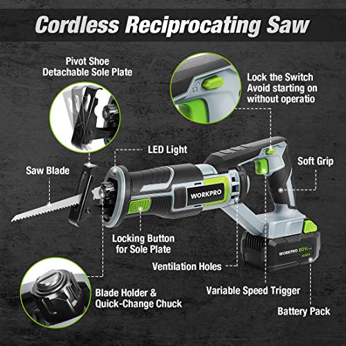 WORKPRO Cordless Reciprocating Saw, 20V 4.0Ah Battery, 1-inch Stroke Length, 4 Saw Blades for Wood & Metal Cutting Included