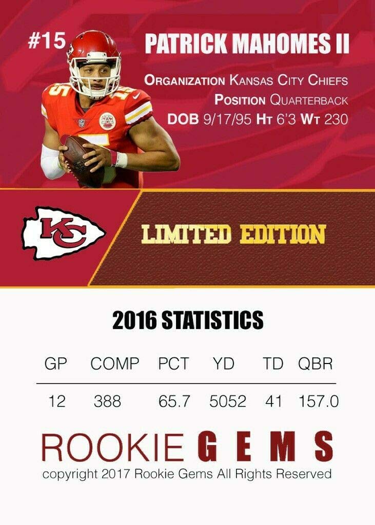 2017 Patrick Mahomes RC Rare CRACKED ICE GOLD #15 ROOKIE GEMS ROOKIE CARD CHIEFS