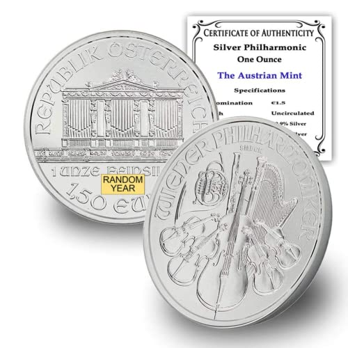 2008 - Present (Random Year) 1 oz Austrian Silver Vienna Philharmonic Coin Brilliant Uncirculated with Certificate of Authenticity 1.5€ BU