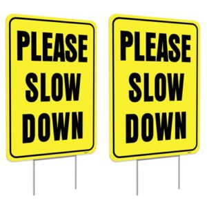 2pc please slow down signs with stake, 13"x17" - double sided signs - corrugated plastic - kids playing sign for street - children at play safety signs