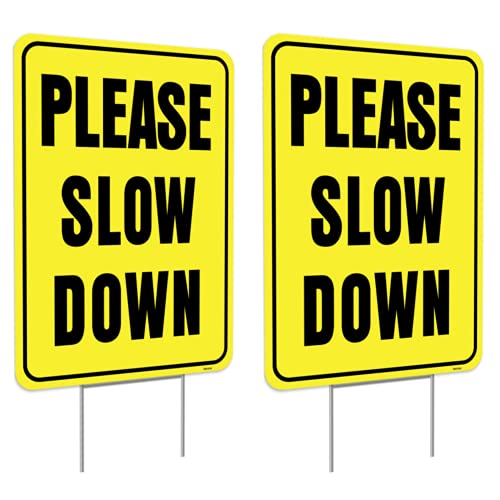 2PC Please Slow Down Signs with Stake, 13"x17" - Double Sided Signs - Corrugated Plastic - Kids Playing Sign for Street - Children at Play Safety Signs