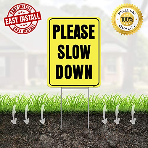 2PC Please Slow Down Signs with Stake, 13"x17" - Double Sided Signs - Corrugated Plastic - Kids Playing Sign for Street - Children at Play Safety Signs