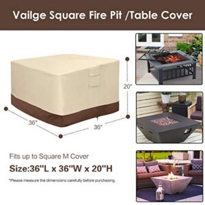 Vailge Fire Pit Cover,100% Waterproof Square Gas Firepit Table Cover,Outdoor Heavy Duty Lawn Patio Furniture Covers with Air Vent and Handle,36"L x 36"W x 20"H,Beige & Brown