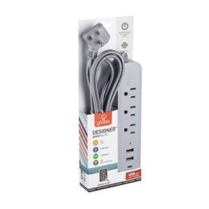 Globe Electric Designer Series 6-ft 3-Outlet USB Surge Protector Power Strip, 2x USB-A Ports, 1x USB-C Port, Right Angle Plug, Gray, 78551