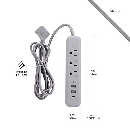 Globe Electric Designer Series 6-ft 3-Outlet USB Surge Protector Power Strip, 2x USB-A Ports, 1x USB-C Port, Right Angle Plug, Gray, 78551