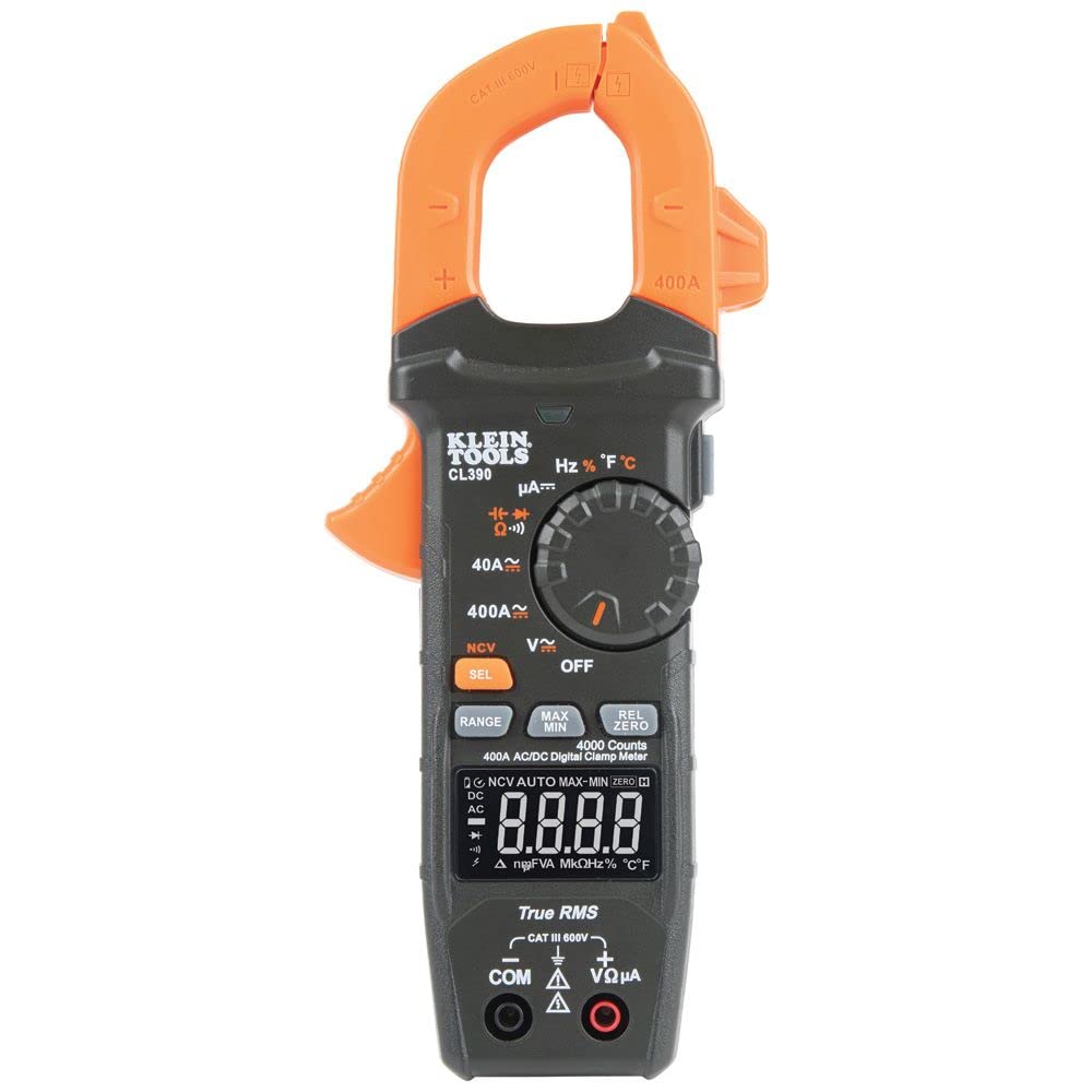 Klein Tools CL390 AC/DC Digital Clamp Meter, Auto-Ranging, 400 Amp, NCVT Tester Clamp Jaw Integration, Hi-Viz LCD Display, Reverse Contrast Display, TRMS and More