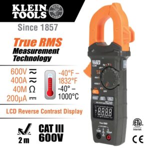 Klein Tools CL390 AC/DC Digital Clamp Meter, Auto-Ranging, 400 Amp, NCVT Tester Clamp Jaw Integration, Hi-Viz LCD Display, Reverse Contrast Display, TRMS and More