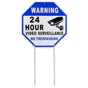 Kichwit Video Surveillance Sign No Trespassing Reflective Metal Sign, Aluminum Yard Sign with Stakes, 11.8" x 11.8"