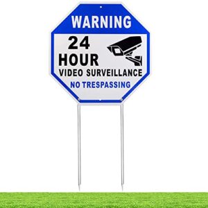 kichwit video surveillance sign no trespassing reflective metal sign, aluminum yard sign with stakes, 11.8" x 11.8"