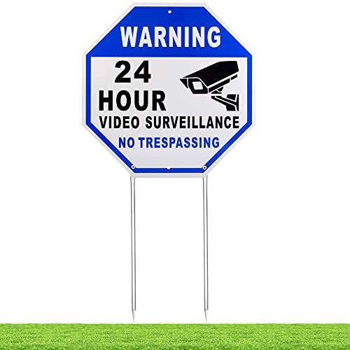 Kichwit Video Surveillance Sign No Trespassing Reflective Metal Sign, Aluminum Yard Sign with Stakes, 11.8" x 11.8"