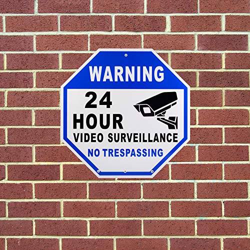 Kichwit Video Surveillance Sign No Trespassing Reflective Metal Sign, Aluminum Yard Sign with Stakes, 11.8" x 11.8"