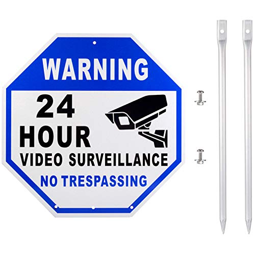 Kichwit Video Surveillance Sign No Trespassing Reflective Metal Sign, Aluminum Yard Sign with Stakes, 11.8" x 11.8"