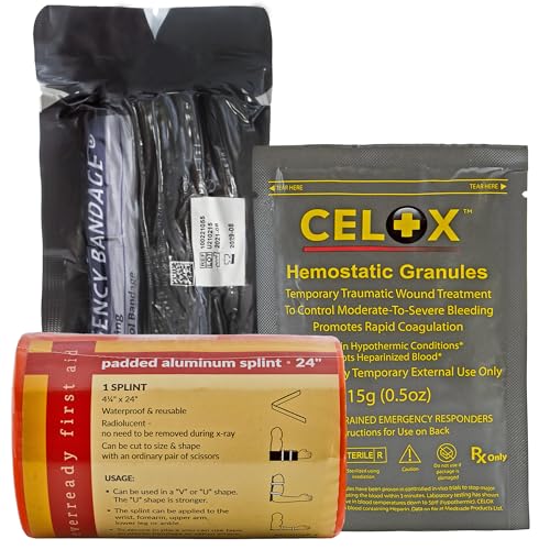 Ever Ready First Aid Combo Pack with Israeli Bandage, Celox Hemostatic Granules and Universal Aluminum Splint