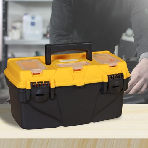 Torin 15.5" Plastic Storage Tool Box with Removable Tray,Small Toolbox Organizer With Screw Box, Black/Yellow ATRJH-3015T