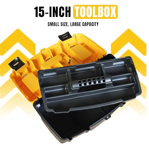 Torin 15.5" Plastic Storage Tool Box with Removable Tray,Small Toolbox Organizer With Screw Box, Black/Yellow ATRJH-3015T