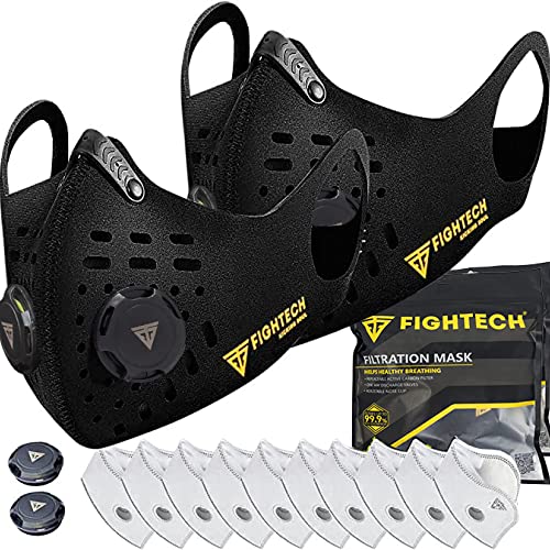 FIGHTECH 2 x Dust Masks | Combo Kit with 10 x Active Carbon Filters | 2 x Extra Air Valves | Face Mask for Woodworking | Washable and Reusable (Large, Black)