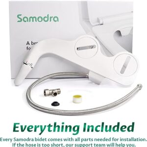 SAMODRA Ultra-Slim Bidet Attachment, Non-Electric Dual Nozzle (Frontal & Rear Wash) Adjustable Water Pressure Fresh Water Bidet Toilet Seat Attachment with Brass Inlet, Easy to Install (White-Silver)