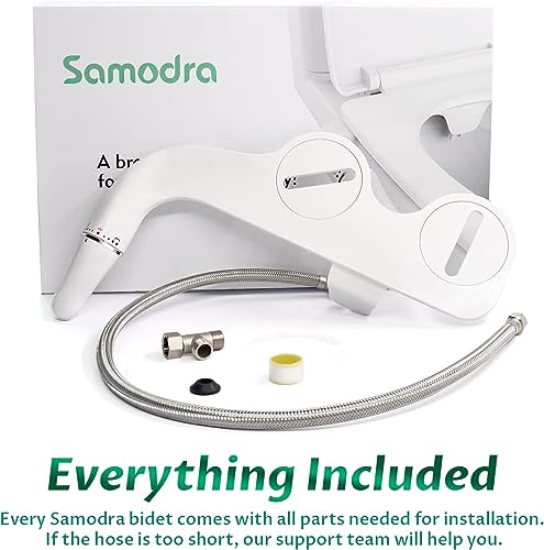 SAMODRA Ultra-Slim Bidet Attachment, Non-Electric Dual Nozzle (Frontal & Rear Wash) Adjustable Water Pressure Fresh Water Bidet Toilet Seat Attachment with Brass Inlet, Easy to Install (White-Silver)