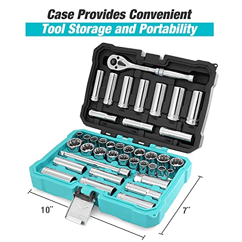 DURATECH 3/8" Drive Socket Set, 40 Piece Tool Set Including Standard (SAE) and Metric Sockets, 90-Tooth Ratchet Handle and Extension Bar