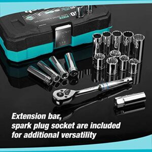 DURATECH 3/8" Drive Socket Set, 40 Piece Tool Set Including Standard (SAE) and Metric Sockets, 90-Tooth Ratchet Handle and Extension Bar