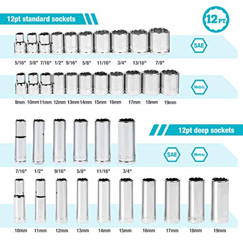 DURATECH 3/8" Drive Socket Set, 40 Piece Tool Set Including Standard (SAE) and Metric Sockets, 90-Tooth Ratchet Handle and Extension Bar