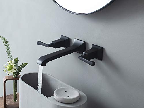 SITGES Bathroom Wall Faucet, Heavy Duty, Brass Constructed Wall Mount Faucet with Metal Lever Handles, Rough in Valve Included (Matte Black)