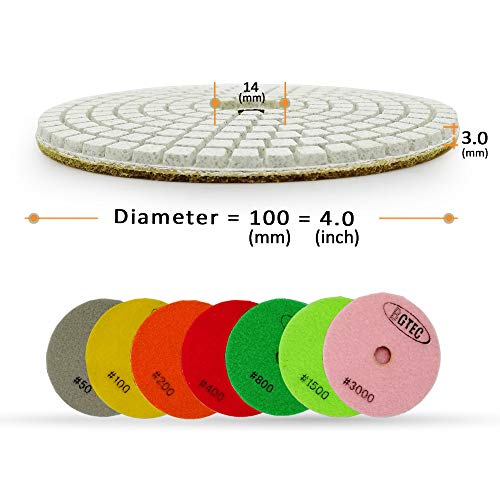 BGTEC 4" Wet Diamond Polishing Pads Set,7 Pieces Pads plus Rubber Hook and Loop Backing Pad for Marble Stone Quartz Tiles