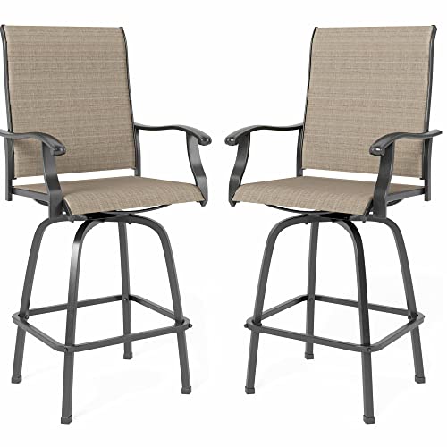 MFSTUDIO 2 PCS Outdoor Swivel Bar Stools, Patio Bar Height Chair Breathable Sling Fabric, All-Weather Resistant, Brown