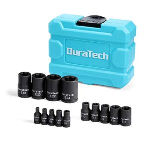 duratech 14-piece external star impact socket set with storage case, e4 to e24, 1/4”, 3/8”, 1/2” drive female e-torx torque socket for working with impact wrench, cr-v steel