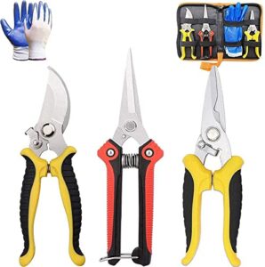 garden secateurs, stainless steel pruning shears, garden bonsai tools, 3 pack ergonomic garden secateurs set for fruit branch, hedge, fruits & vegetables, plants(with garden gloves and box)