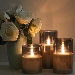 GenSwin Gray Glass Flameless Led Candles Battery Operated with Timer and 10-Key Remote, Real Wax Warm Light Candles Flickering for Wedding Festival Home Decoration (Set of 3)