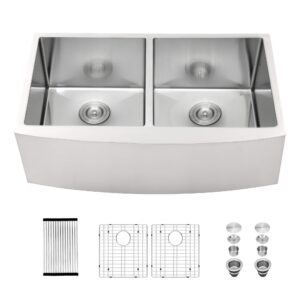 Mocoloo 33 Inch Farmhouse Sink Double Bowl 50/50 Stainless Steel 16 Gauge Apron Front Farm Kitchen Sink