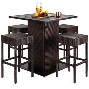 best choice products 5-piece outdoor wicker bar table set for patio, poolside, backyard w/built-in bottle opener, hidden storage shelf, metal tabletop, 4 stools - brown